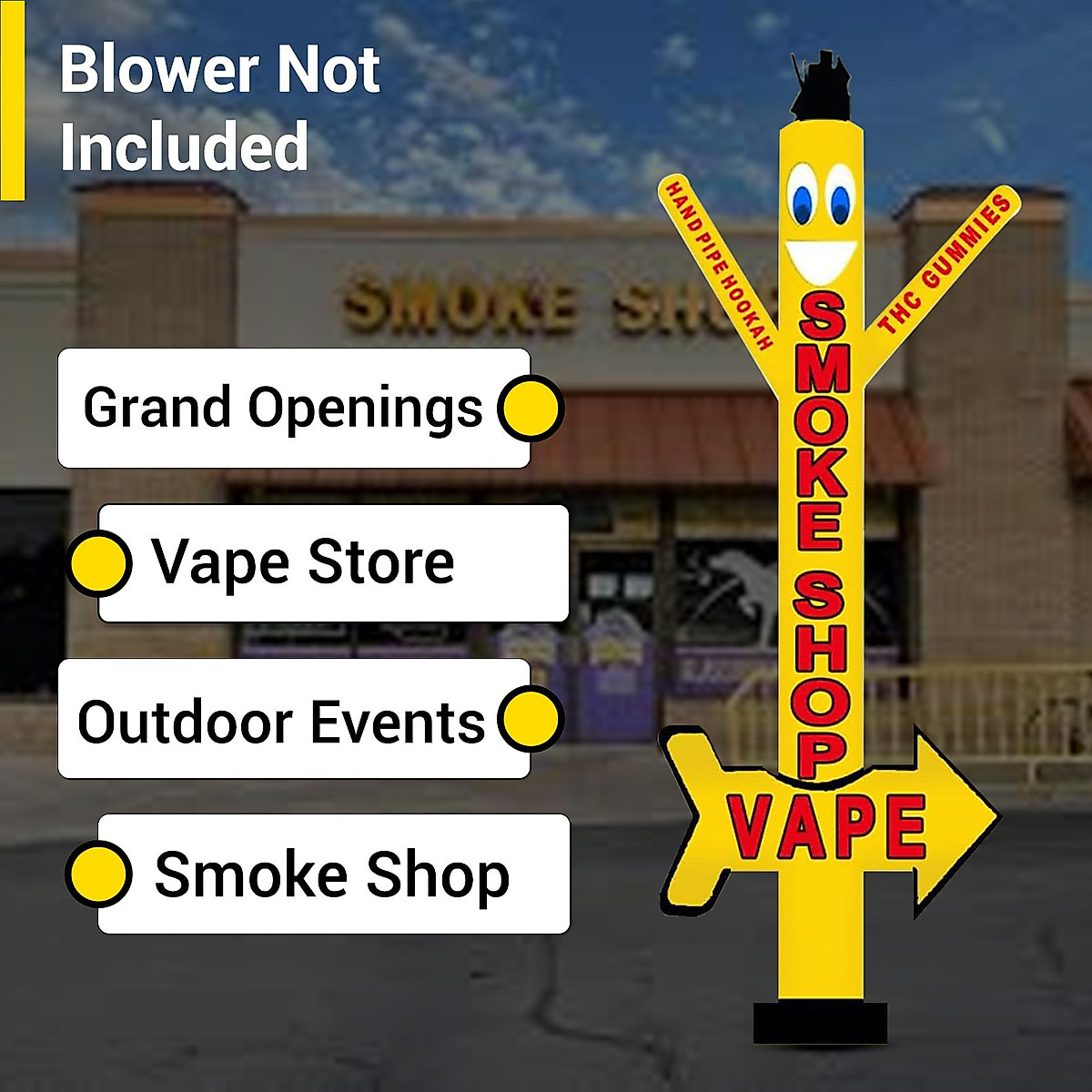 20ft Vape Smoke Shop Air Inflatable Tube Man Dancer with Arrow | Eye-Catching Hookah Hand Pipes Sky Wacky Waving Ultimate Brand Visibility | Both Side Printed Yellow | Cmpt. 18-inch (Without Blowers)