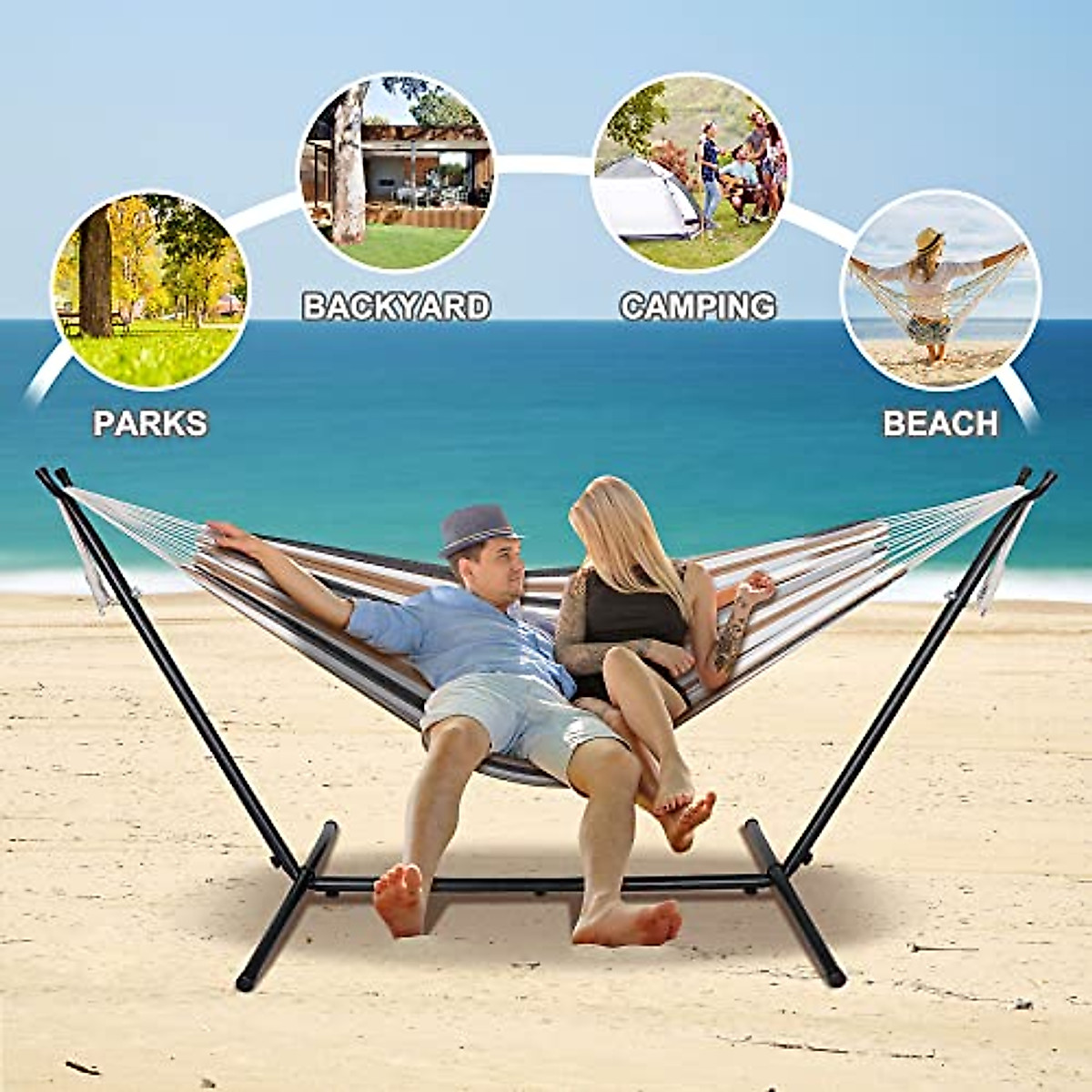 SUPER DEAL Portable Hammock with 9FT Space Saving Steel Stand, Double Brazilian Heavy Duty 620lb Capacity 2-Person Hammock with Carrying Case, 6 Optional Hook Positions for Camping Garden Yard Patio