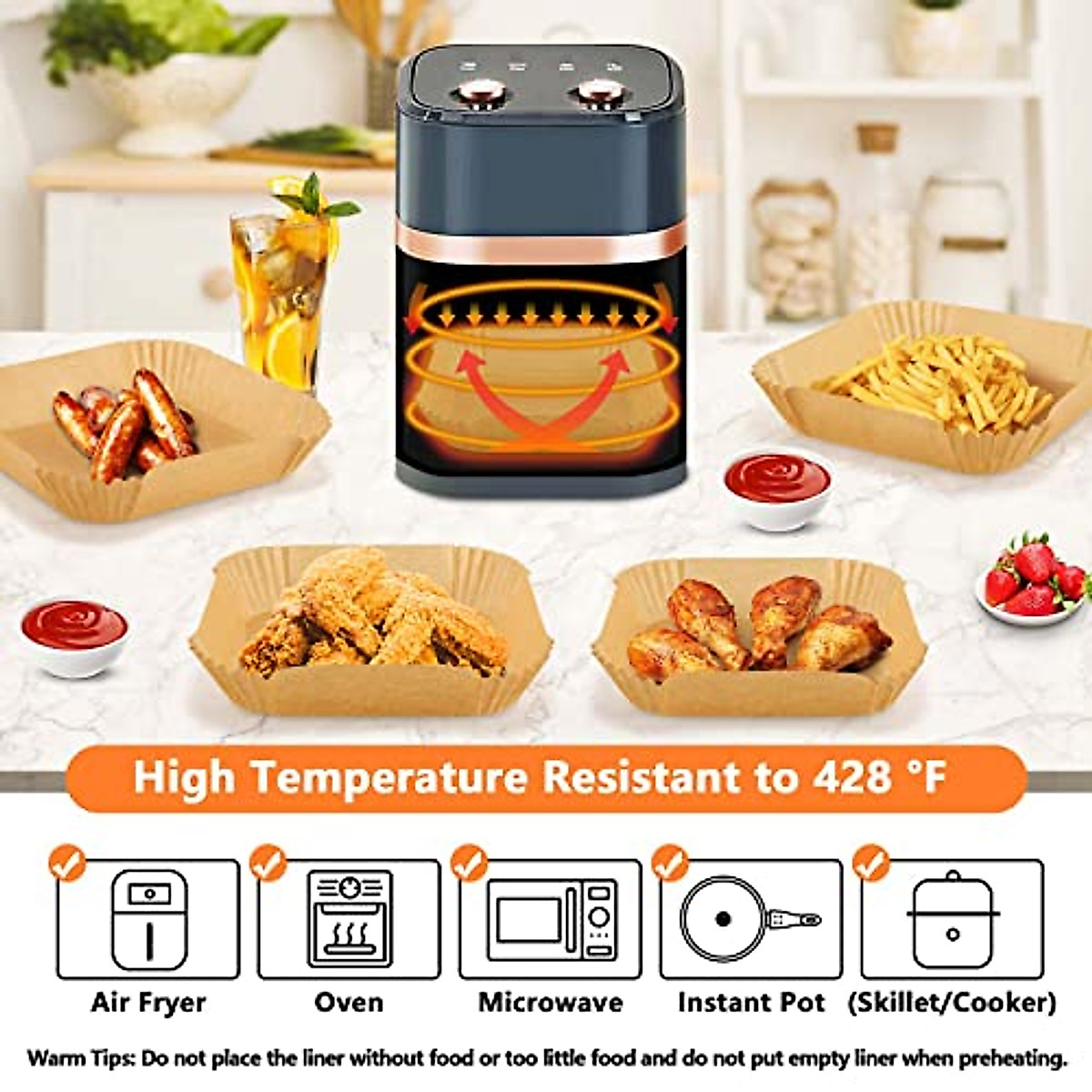 Air Fryer Liners 8 Inch,125Pcs Premium Food Grade Parchment Paper, Air Fryer Disposable Paper Liner for Air Frying, Baking, Roasting Microwave, Non-Stick Cooking Air Fryer Paper Square Free of Bleach