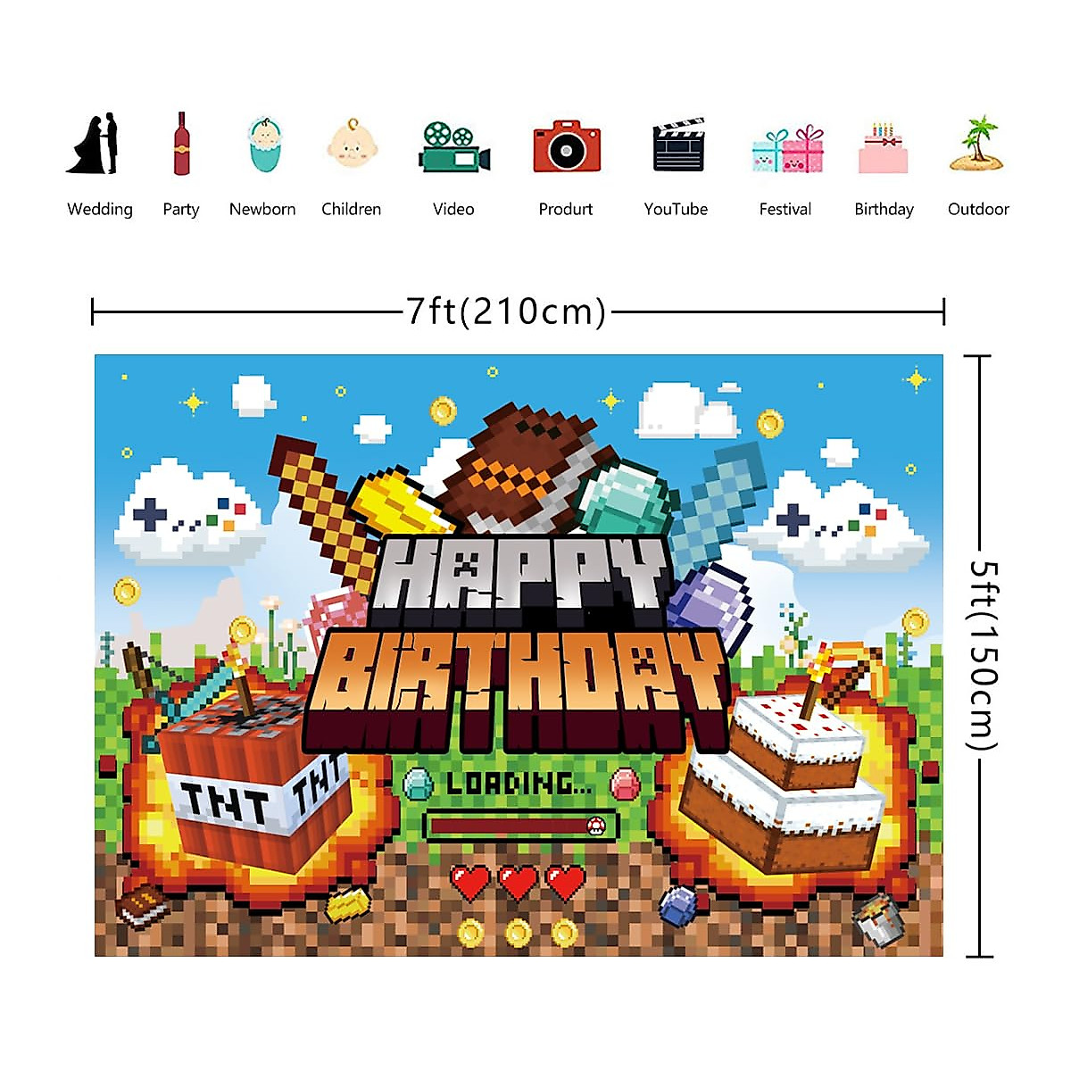 Pixel Video Game Theme Backdrop Children Boy Happy Birthday Party Decoration Banner Miner Mining Earth Block Banner Pixel Cartoon Photography Props (7x5FT(210X150cm))