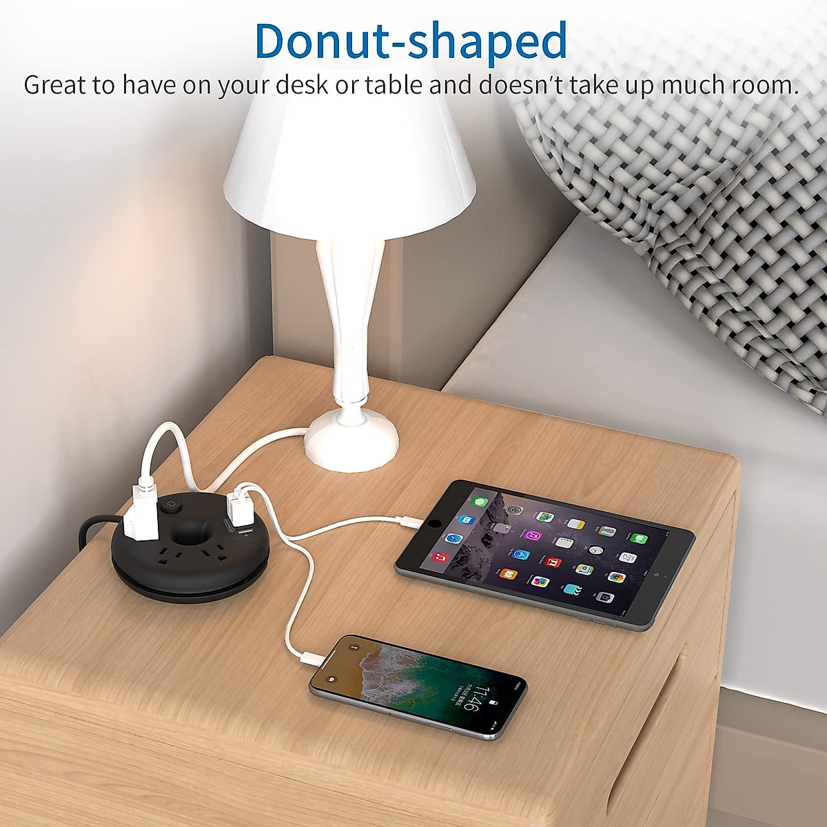 Extra Long Extension Cord Bundle, NTONPOWER Flat Plug Power Strip with USB Ports 3 Outlets, Compact Desktop Charging Station with Switch for Home, Office, TV, Nightstand, Dorm Room Essentials, Black