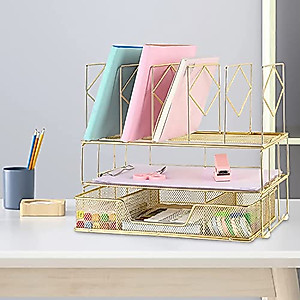 Youbetia Desk Organizers and Accessories - Double Tray and 5 Upright Sections, Office Supplies Desk Organizer with Drawer, File Office Organization with Binder Clips, Gold