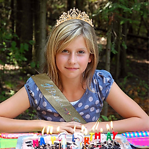 Vovii Birthday Sash and Tiara for Girls Birthday Girl Gold Sash and Rhinestone Gold Tiara Set Birthday Decoration Headband for Little Girl Hair Accessories for Birth Party Gold