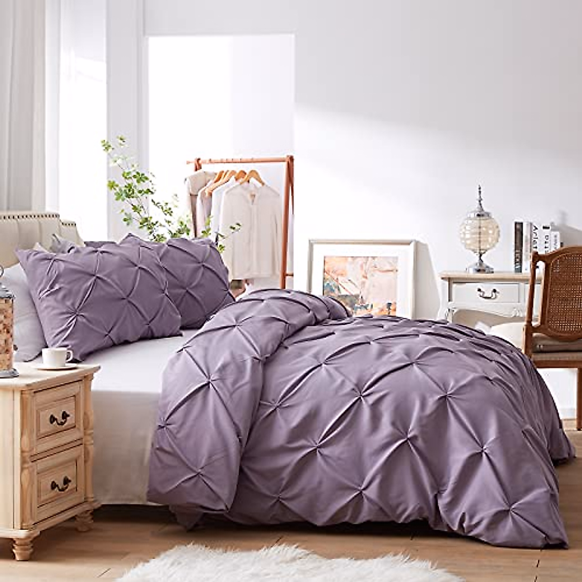 SunStyle Home Pinch Pleated Duvet Cover Purple 2 Pieces Twin Duvet Covers Soft Microfiber Luxury Duvet Cover with Zipper Closure & Corner Ties for All Season(1 Duvet Cover, 1 Pillow Sham)