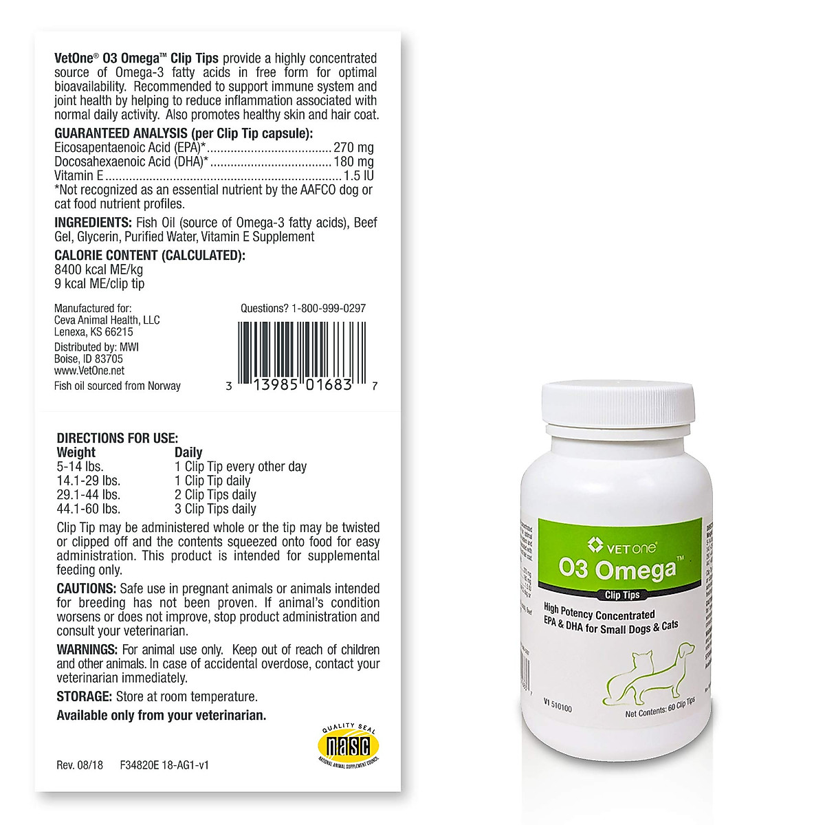 VetOne O3 Omega Clip Tips Nutritional Supplement with Omega 3 Fatty Acids | Builds Immune & Joint Health | Promotes Healthy Skin & Coats | Small Dogs & Cats (60 Count Clip Tips)