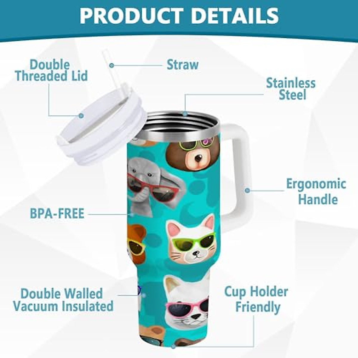 RPLIFE Cute Animals Heads Blue Stainless Steel Tumbler, Insulated Coffee Mug with Lid, Tumblers for Women