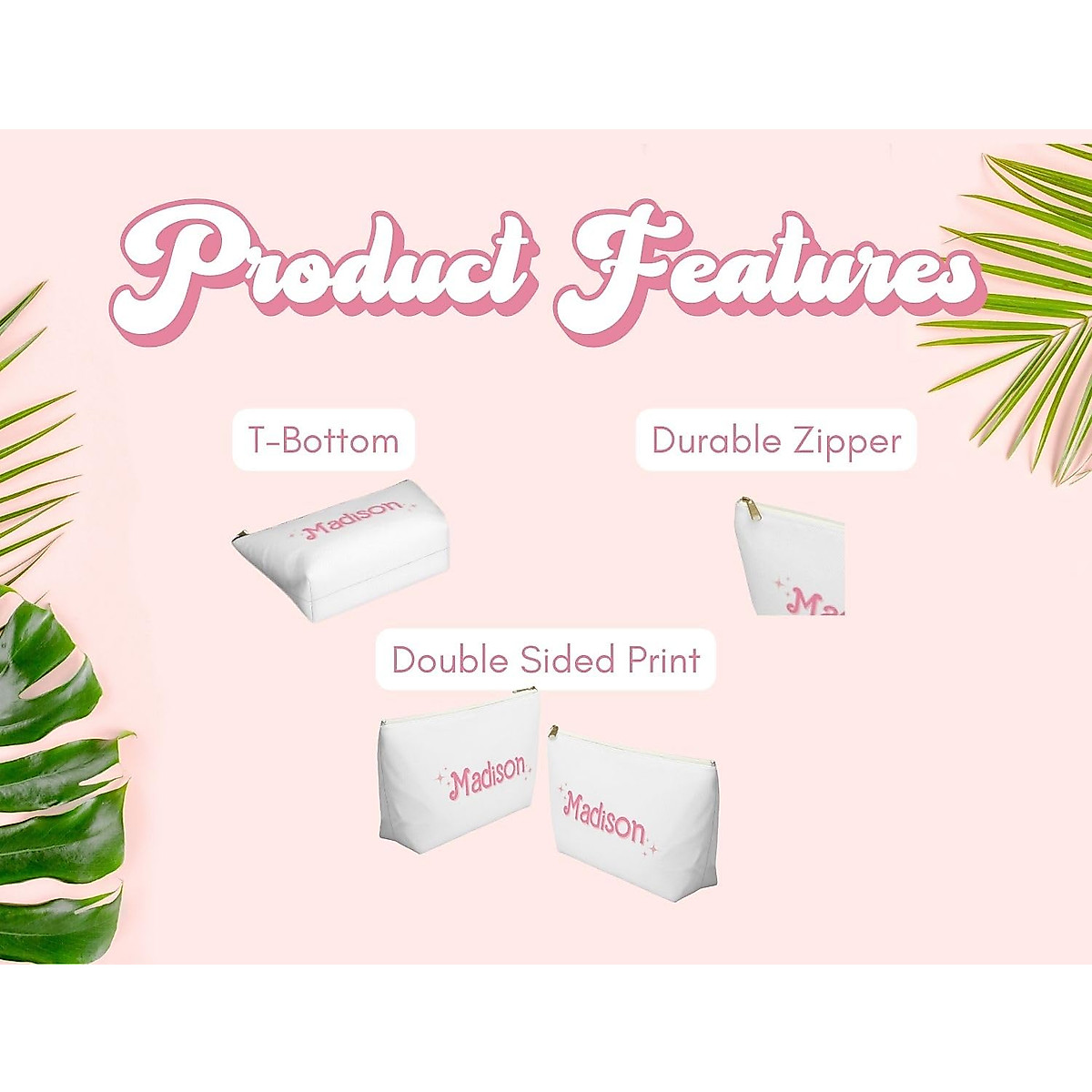 LITTLE RAD CO Personalized Makeup Bag for Women & Girls - Customizable Cosmetic Pouch - Pink Cosmetic Bags for Women Personalized Gifts for Bridesmaid Gifts, Friend Gifts & Women Gifts