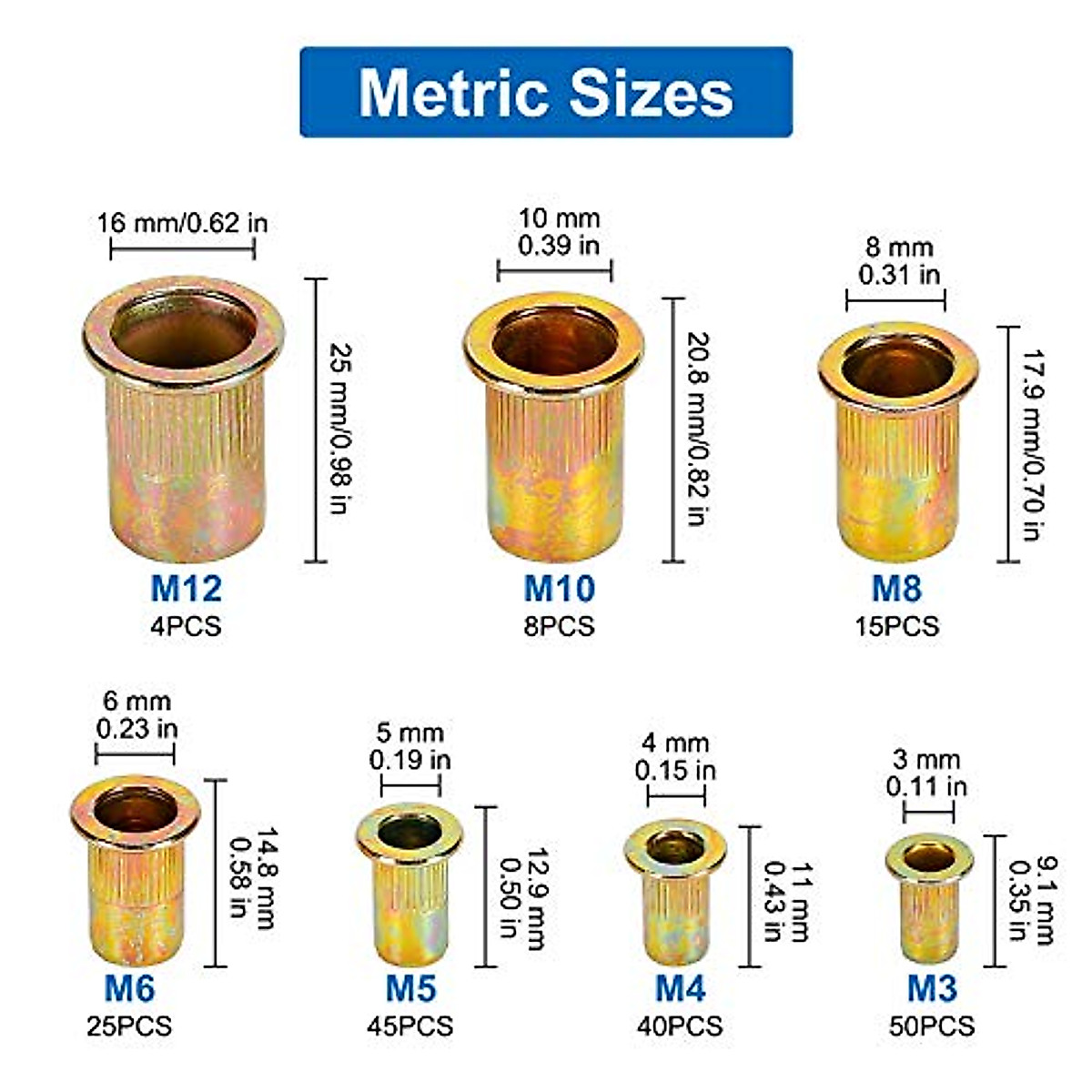 SAE and Metric Rivet Nuts, GTERNITY 380PCS #6-32#8-32#10-24 1/4-20 5/16-18 3/8-16 1/2-13 and M3 M4 M5 M6 M8 M10 M12 Nuserts Assorted Flat Head Rivnuts Threaded Insert Nut Kit 14 Sizes