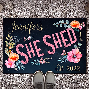 Personalized Planet She Shed Doormat - Custom Name Door Mat, Floral Bouquet Custom Woman's She Shed Entrance, Floral Door Rug, Non-Slip Decorative Gift Home Rugs, She Shed Gift, Cute She Shed Decor