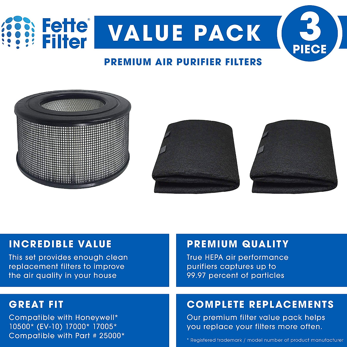 Fette Filter - Replacement 1 x HEPA Filter & 2 x Wrapping Carbon Pre-Filters Compatible with Honeywell 10500 (EV-10) 17000 17005 Part Number 20500. Combo Pack