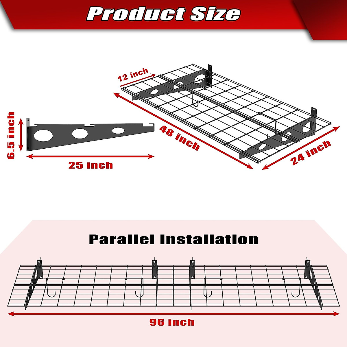 WALMANN 2 Pack Garage Wall Shelves, 2 x 4 ft/24 * 48 inch Wall Mounted Storage Shelves for Garage Heavy Duty Wall Shelving, Holds Up to 220 Lbs(Black)