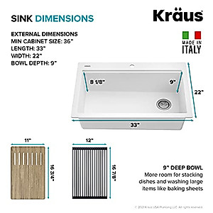 KRAUS Bellucci Workstation 33 in. Drop-In Granite Composite Single Bowl Kitchen Sink in White with Accessories with WasteGuard™ Continuous Feed Garbage Disposal, KGTW1-33WH-100-75MB