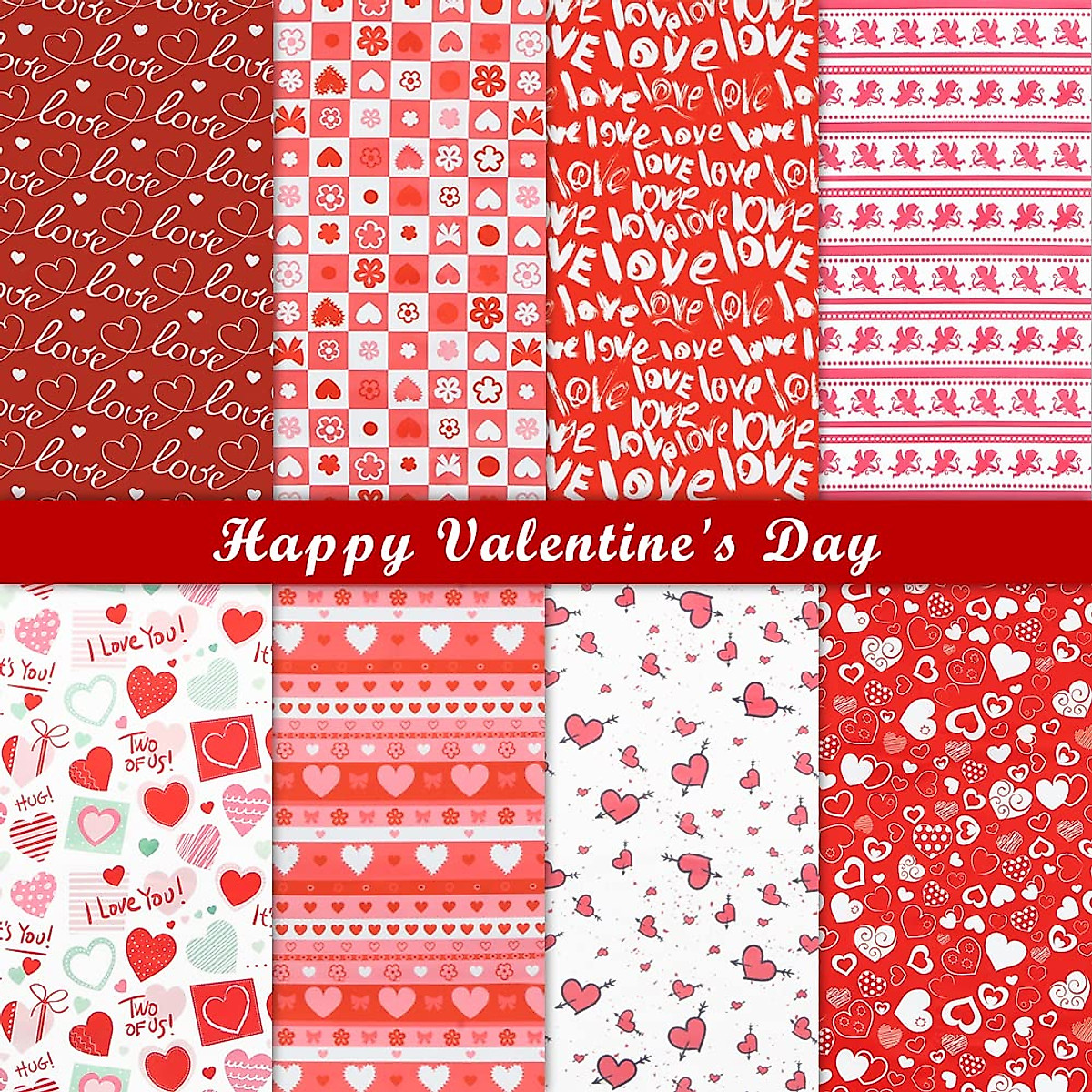 Valentine's Day Cotton Fabric Squares 20x20 Inch, 8PCS Valentine Fabric Heart Print Red Pink Patchwork Sewing for DIY Crafts Supplies, Gift Wrap for Valentines Day, Wedding, Anniversary, Mother's Day
