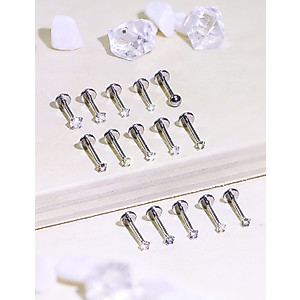 Prjndjw 18G Push Nose Rings Studs Surgical Steel Threadless Nose Studs Straight Bar Nose Rings for Women Men Nostril Piercing Diamond CZ 1.5mm 2mm 2.5mm 3mm Silver 15Pcs Push earrings stud