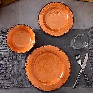 LEHAHA Rustic Farmhouse Melamine Dinner Plates Set of 6, 11 inch Lightweight Camper RV Dishes, Indoor and Outdoor Use, Reusable, Sturdy and Dishwasher Safe, Orange