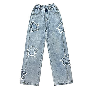 YaYabroe Girls Baggy Jeans Casual Wide Leg Denim Pants Jeans Kids Clothes Size 5-14 Years (Blue Star Patch, 10-12)