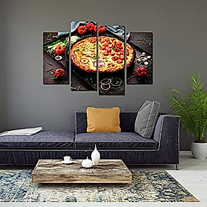 iKNOW FOTO Canvas Prints Wall Art 4 Panel Delicious Italian Pizza Served on Wooden Table Food Pictures Modern Home Decor Stretched Gallery Canvas Wraps Giclee Print for Kitchen Dinning Room Restaurant