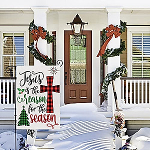 UPINLOOK Christmas Garden Flag Vertical Double Sided Jesus is The Reason for The Season Burlap Winter Xmas Tree Cross Farmhouse Yard Flag Outdoor Decor 12.5 x 18 Inch