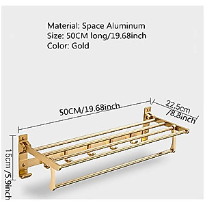 WANLIAN Towel Rack for Bathroom Adjustable 20 Inch Dual Towel Shelf with Double Bar Wall Mounted Stainless Steel Bath Towel Shelf Rack with Hooks Hotel Style Brass Gold (Gold)