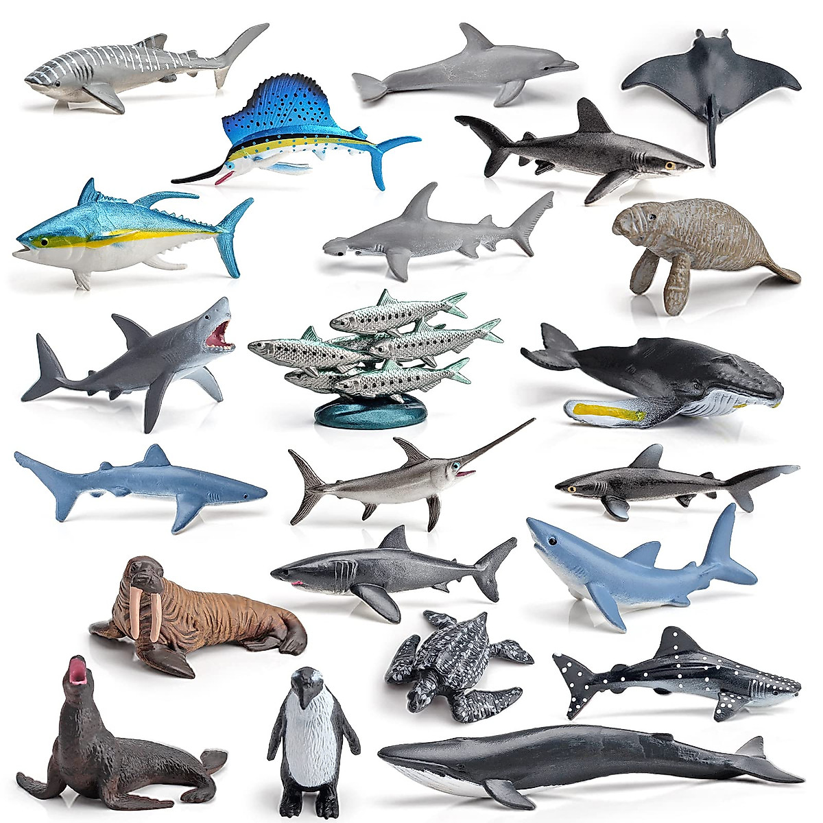Sea Animal Model Ocean Creatures Playsets 22 PCS Mini Shark Whale Tuna Swordfish Sailfish Sardine Dolphin Manatee Sea Lion Walrus Action Figure Toys Party Gifts for Boys Girls Kids