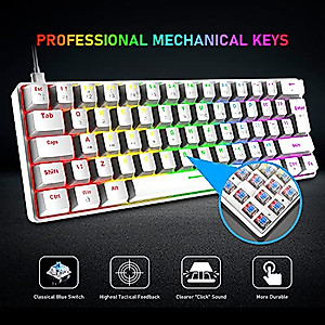 60% True Mechanical Gaming Keyboard Ultra-compact with 20 Rainbow Backlit Type C Wired Programmable 62 Keys Tactile Blue Switch Waterproof Non-Conflict and Gaming Mouse Pad for PC/Laptop/PS5（White)