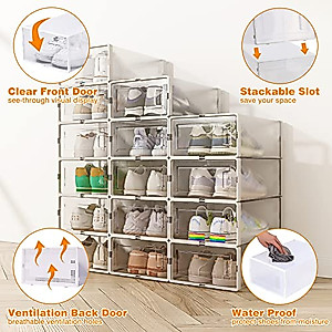 Fixwal 15 Pack Large Capacity Shoe Organizer Storage Boxes Foldable Shoe Storage Containers Clear Plastic Stackable Shoe Storage Bins for Closet, Space Saving