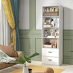 Giantex 74" Tall 4-Tier Bookcase with Drawers - Freestanding White Narrow Bookcase with Anti-Tipping Kits, Wood Open Storage Display Cabinet, 4-Cube Bookshelf for Living Room, Bedroom, Office