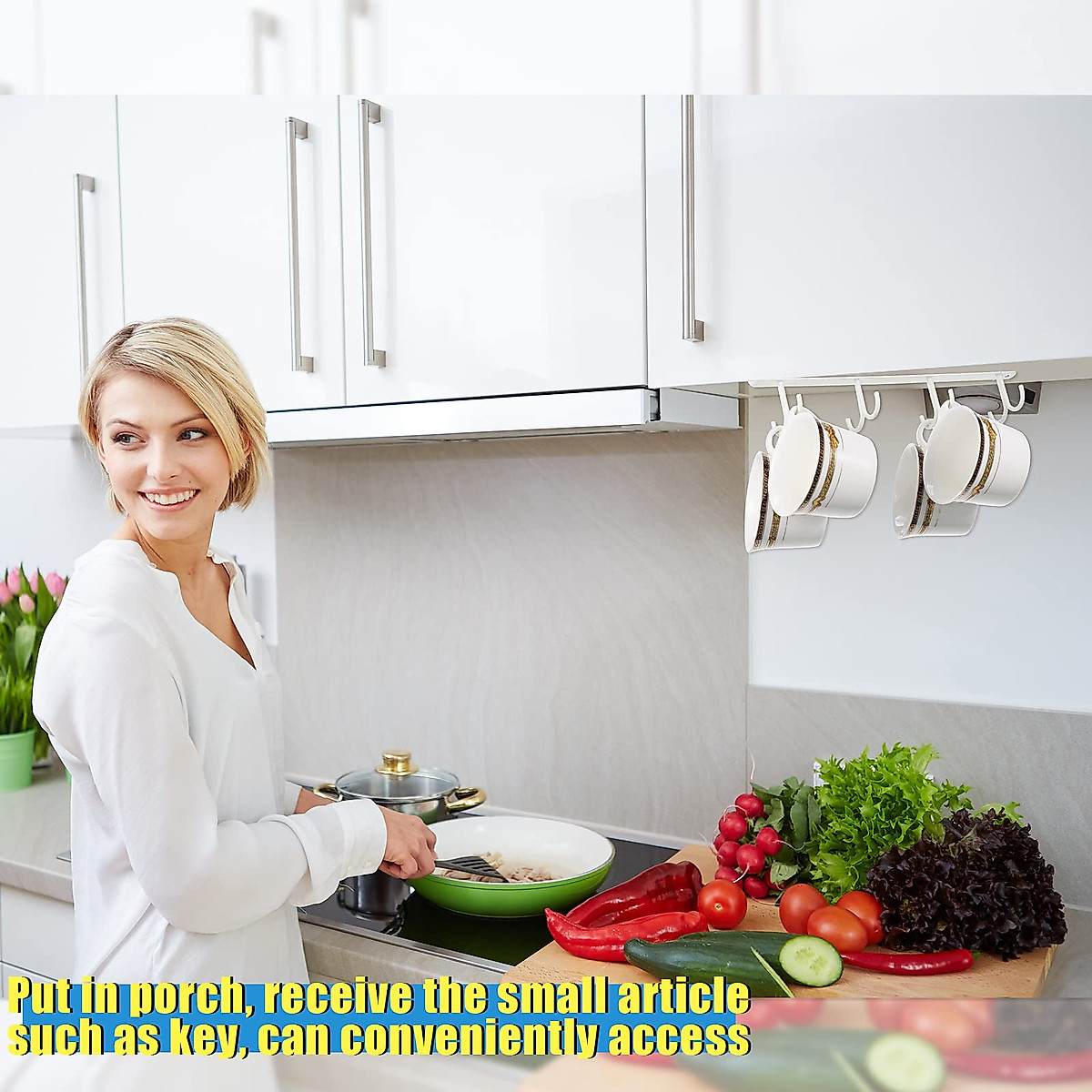 Hotop 3 Pieces Under Cabinet Coffee Cup Hooks Hanging Coffee Mug Holder Tea Cup Holder Hooks Coffee Mug Rack Metal Mug Hooks for Mugs Coffee Cups Kitchen Utensils Display, 8 Hooks Each (White)