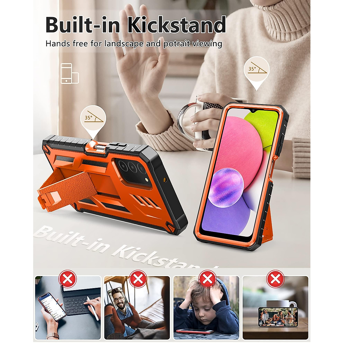 for Samsung Galaxy A03S Phone Case: Built in Hard Kickstand & Touch Protector Military Shockproof TPU Sturdy Soft Rugged Heavy Duty Armor Full Body Protection Grade Phone Cover - Orange