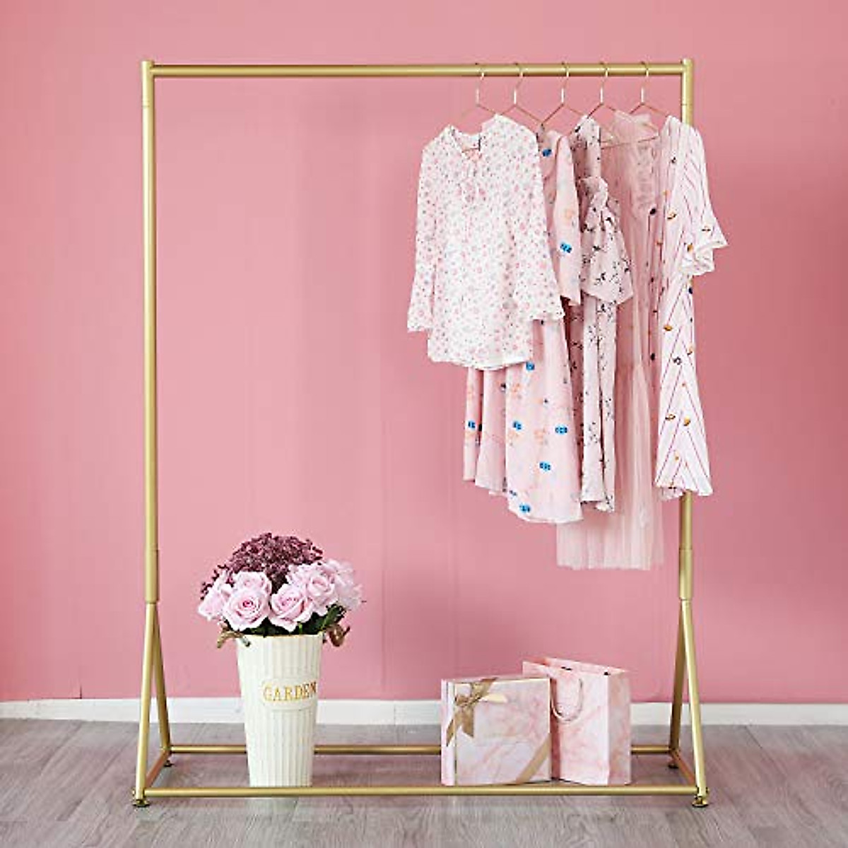 IronFashion Gold Clothing Rack, Boutique Display Clothes Rack with Wheels, Modern Garment Rack for Retail Use (47.24" L)