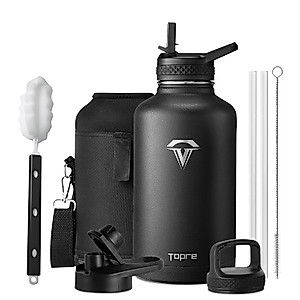 Topre 64 oz Insulated Water Bottle, Half Gallon Vacuum Stainless Steel Sports Water Jug with 3 Lids & Brush, BPA-free Reusable Double Walled Thermos Mug Gym Keg for Sports Outdoor Camping, Black