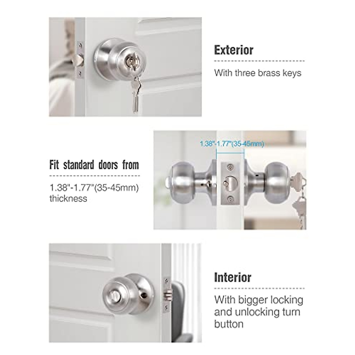 GITRANG (3 Pack Door Knobs Interior Keyed Difference Entry Front Bedroom Doorknobs with Lock Flat Ball Handle Lock Sets in Satin Nickel