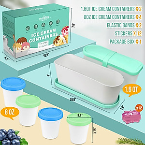 Walfos Ice Cream Containers for Homemade Ice Cream - 1.6 Quart & 8 oz. Set, Bonus Sealing Bands Keeping Silicone Lids Airtight, Reusable Ice Cream Tubs, Stackable Freezer Storage Container - Green