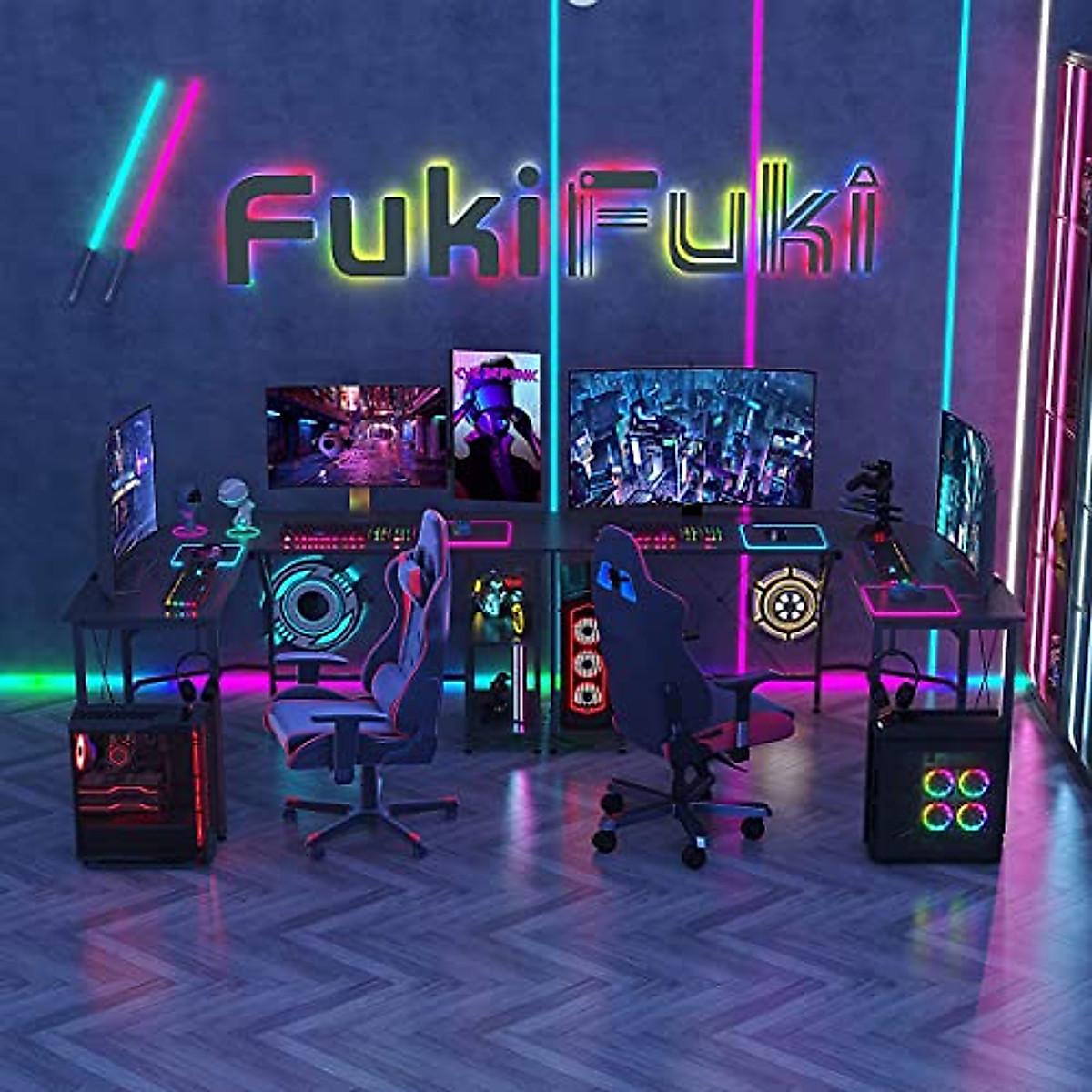 fukifuki L-Shaped Gaming Desk, 59.1" Corner Computer Office Desk, Writing Workstation,with Adjustable Shelves, Space-Saving, Easy to Assemble (Black)