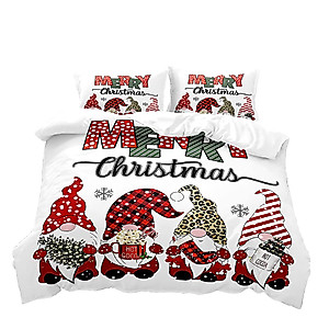 VIVIHOME 3PCS Merry Christmas Duvet Cover Full, Cute Gnome Duvet Cover, White Bedding, Snowflake Red Buffalo Plaid Striped Leopard Print Holiday Xmas Comforter Bedspread Quilt Cover, 2 Pillow Shams