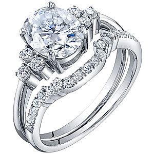 PEORA Moissanite Oval Cut Engagement Ring and Wedding Band Bridal Set in Sterling Silver, 2 Carat Center, DE Color, VVS Clarity, Size 9.5