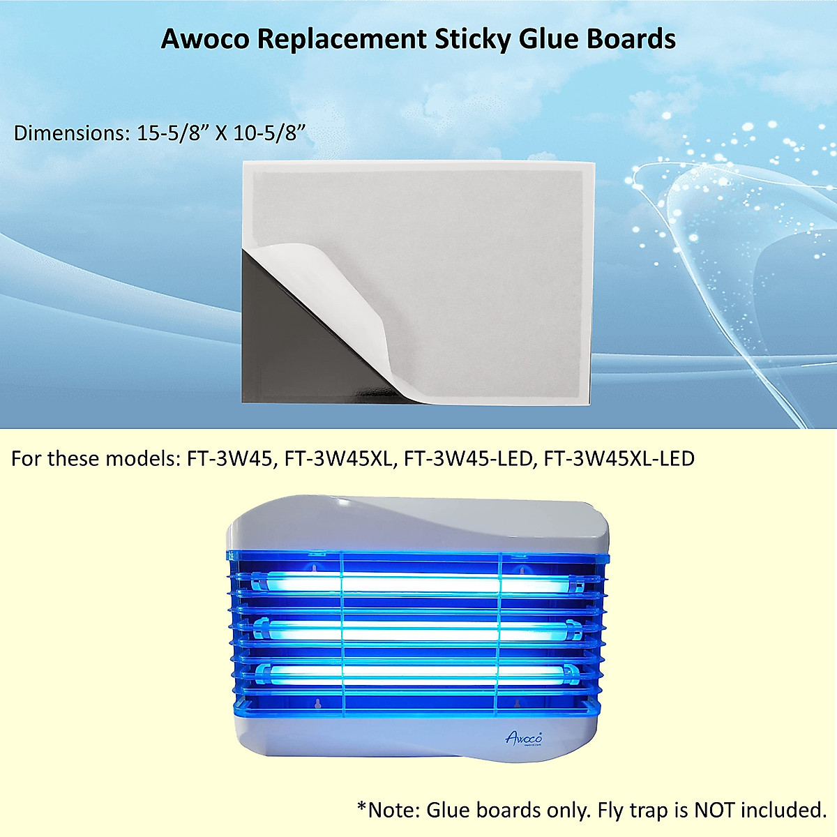 Awoco 5 Packs of Replacement Sticky Type W Glue Boards for Awoco Wall Mount Sticky Fly Trap Lamp Model FT-3W45 (5 Glue Boards)