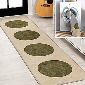 JONATHAN Y WSH113C-28 Cirkel Minimalist Geometric Dot Machine-Washable Indoor Runner-Rug, Scandinavian, Modern, Bohemian Easy-Cleaning,Bedroom,Kitchen,Living Room,Non Shedding, Cream/Green, 2 X 8