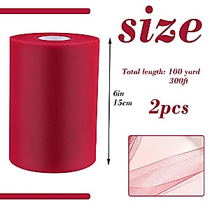 2 Pcs Tulle Fabric Rolls 6 Inch 100 Yards Polyester Tulle Gift Bow Tulle Roll Spool Fabric for Sewing Table Skirt and Birthday Party Wedding Decorations DIY Crafts Supplies (Red)