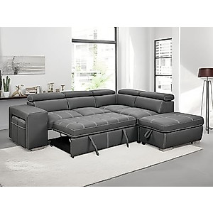 THSUPER 104'' Microfiber Sectional Sleeper Sofa with Pull-Out Bed, Sofa with Chaise & Storage Ottoman. 5 Seater L-Shaped Couch with Adjustable Headrest and Stools. Charcoal Grey