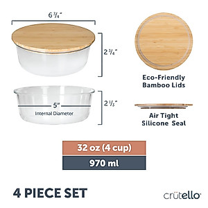Crutello Glass Storage Containers with Bamboo Lids - Eco-Friendly Non Toxic Meal Prep Jars with Wooden Lid for Fridge and Kitchen Organization - Non Plastic Container for Fruit Bowls - 32 oz - 4 Pack