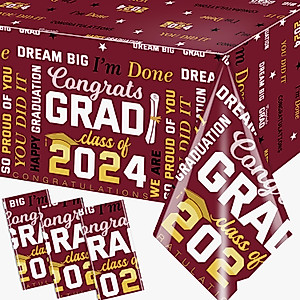 Lenyunge Graduation Tablecloth Class of 2024,Graduation Party Decorations Congrats Grad Tablecover for 2024 Graduation Party Supplies,Maroon 3Packs Plastic High School University College Decorations