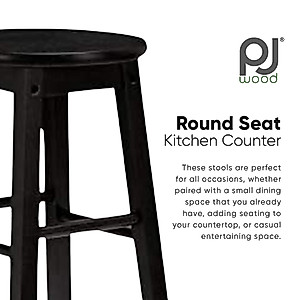 PJ Wood Classic Round Seat 24 Inch Tall Kitchen Counter Stools for Homes, Dining Spaces, and Bars with Backless Seats, Square Legs, Black, Set of 2