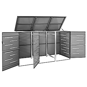 Triple Wheelie Bin Shed,Outdoor Trash can Storage,Outdoor Toy Storage,Garden Shed,Includes Luxury Springs and Convenient Lid,for Backyards and Patios, 81.5"x30.5"x45.3" Stainless Steel,Lockable