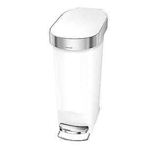 simplehuman 40 Liter / 10.6 Gallon Slim Kitchen Step Trash Can with Liner Rim, 40L, White
