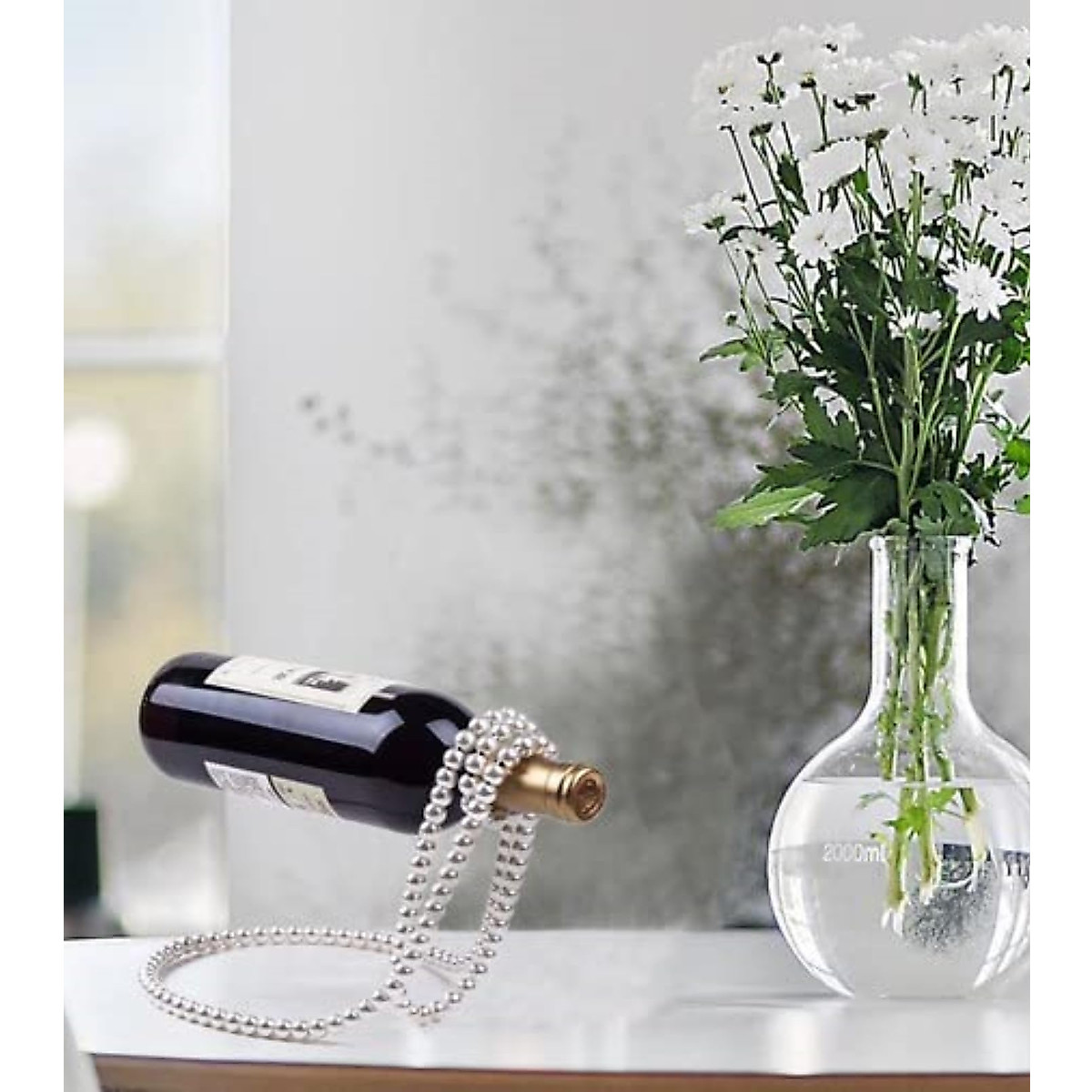 Pearl Necklace Shaped Wine Rack with Wine Corks & Dispenser, Metal Wine Bottle Holder, Wine Bottle Stand for Bar and Home Decoration (White)