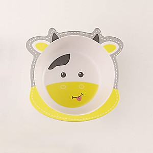 Fekdod Kids Dinnerware Set Bamboo 5 Pcs with Plate Bowl Cup Fork Spoon (Cow)