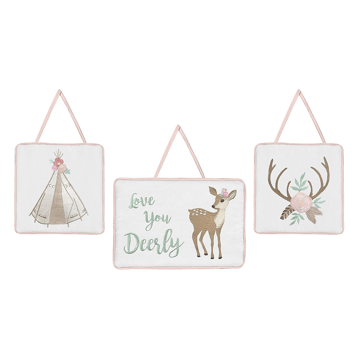 Sweet Jojo Designs Blush Pink, Mint Green and White Boho Watercolor Woodland Deer Floral Baby Girl Crib Bedding Set - 11 Pieces