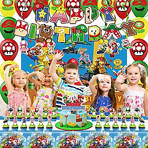 Mario Birthday Party Supplies - Mario Party Supplies Included Mario 18 Balloons, Backdrop, Banner, 6 Hanging Swirls, Tablecloth, 24 Cupcake Cake Toppers