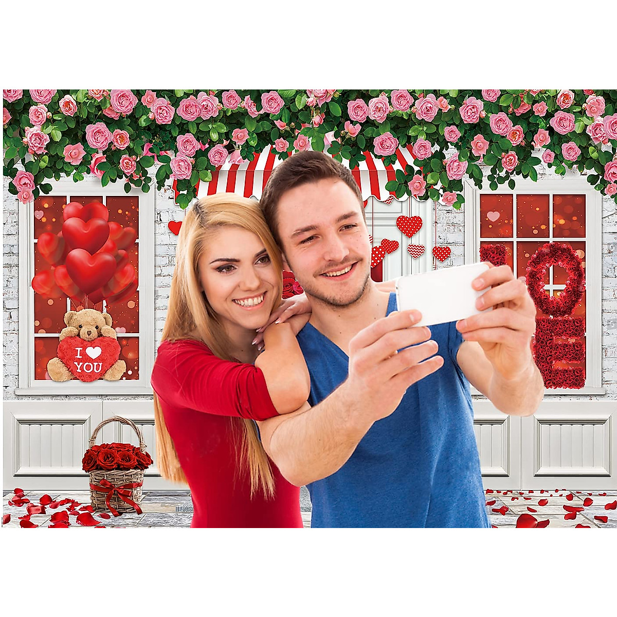 CYLYH 7X5FT Valentine's Day Backdrop Valentine's Day Store Backdrop Pink Rose Flower Brick Wall Background Mother's Day Party Bridal Shower Party Backdrops D807